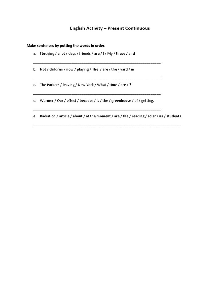 Present Continuous Sentence Activity | PDF