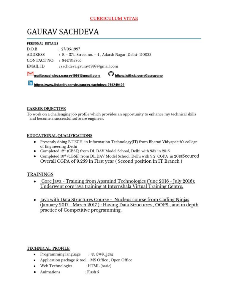 Gaurav Sachdeva: Curriculum Vitae | PDF | Android (Operating System) | Java (Programming Language)