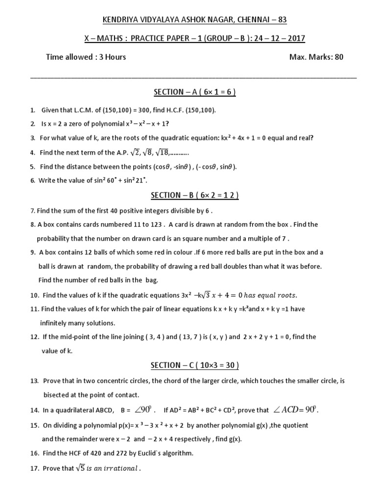 Kendriya Vidyalaya Ashok Nagar, Chennai - 83 X - Maths: Practice Paper ...