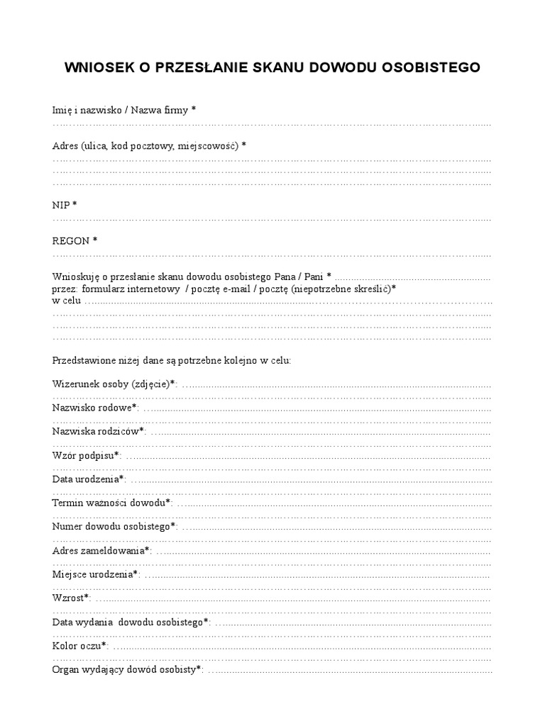 Wniosek o Przesłanie Dowodu Osobistego | PDF
