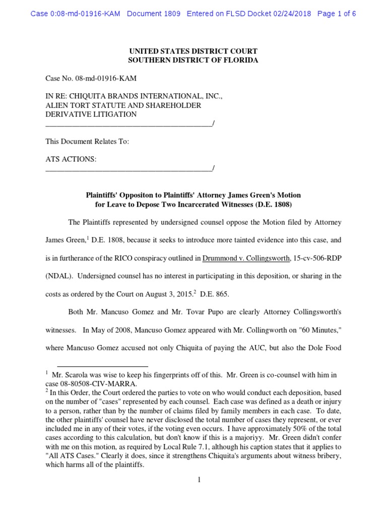 Chiquita Brands Litigation Opposition | PDF | Deposition (Law) | Government