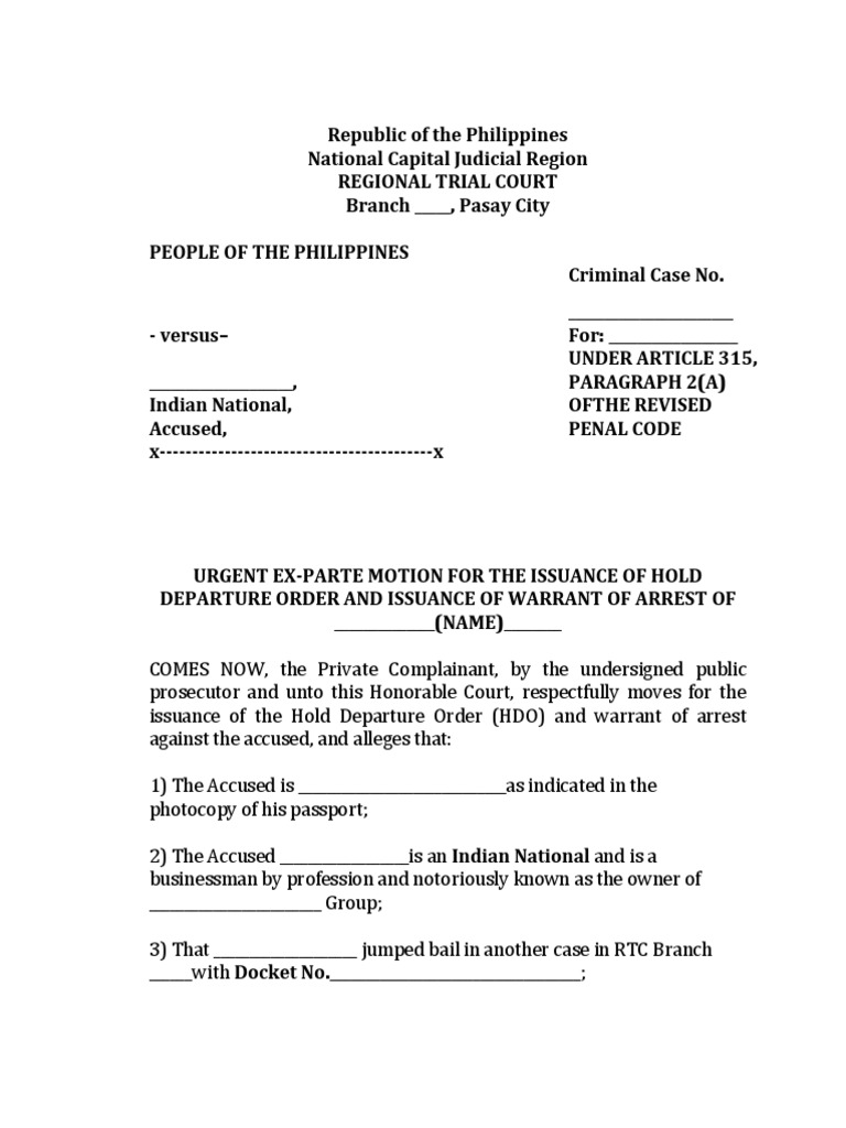Hold Departure Order Sample | Arrest Warrant | Arrest