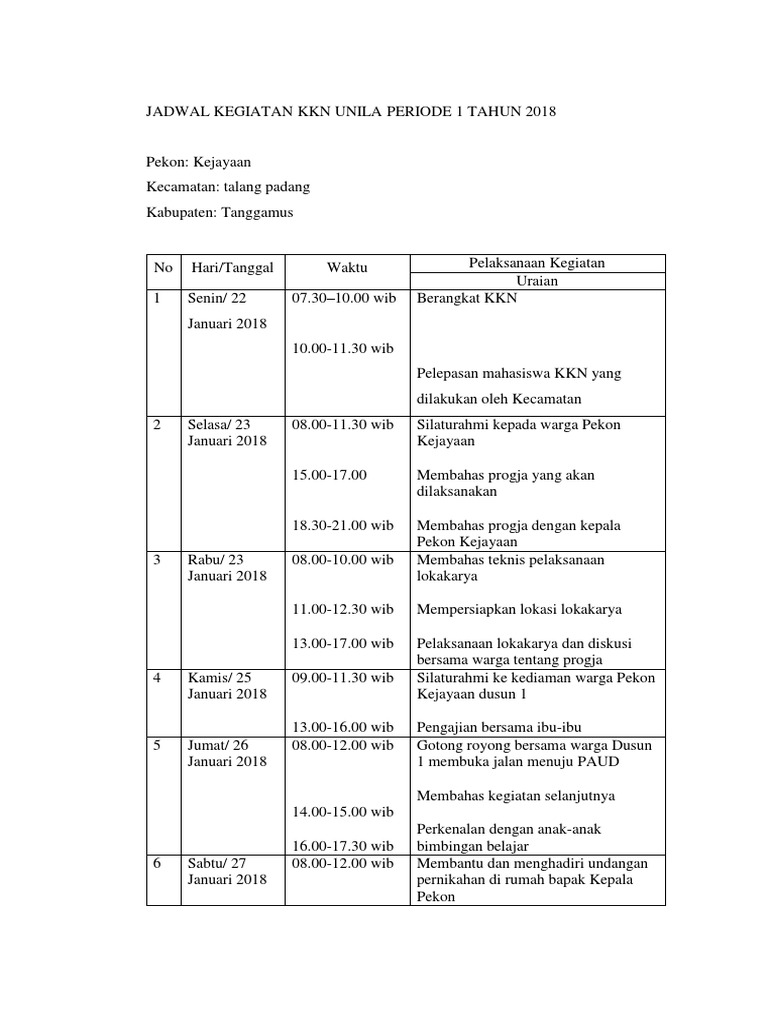 Jadwal Kegiatan KKN Unila Periode 1 Tahun 2018 | PDF