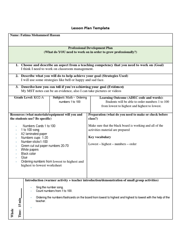 Ordering Numbers Lesson Plan for KG2 | PDF | Lesson Plan | Teachers