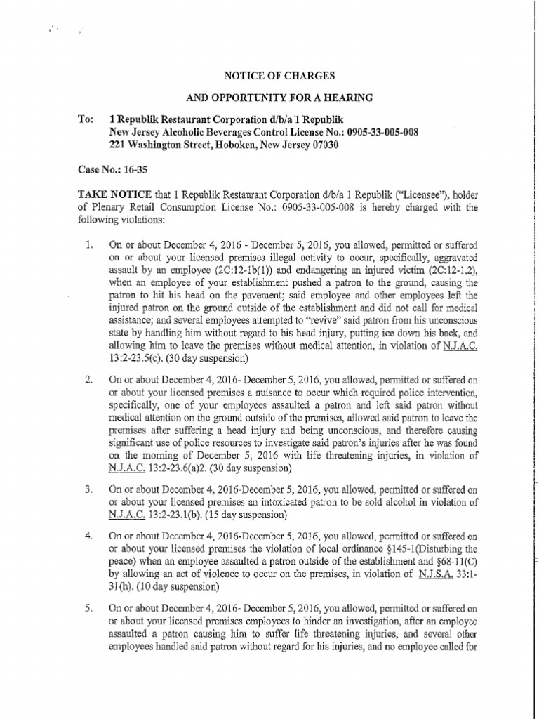 Hoboken ABC Board NOTICE OF CHARGES: 1-Republik December 4, 2017 | PDF
