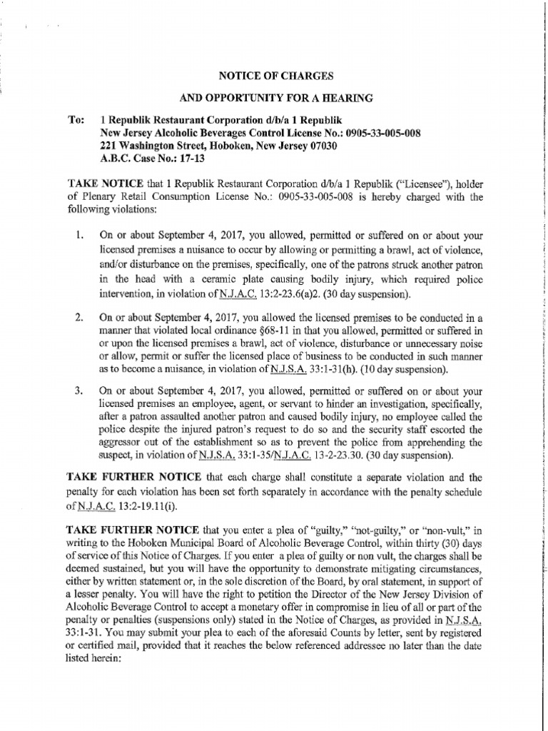 Hoboken ABC Board NOTICE OF CHARGES: 1-Republik September 4, 2017 | PDF