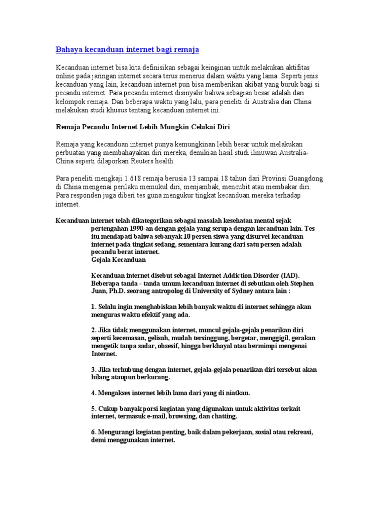 Bahaya Kecanduan Internet Remaja | PDF