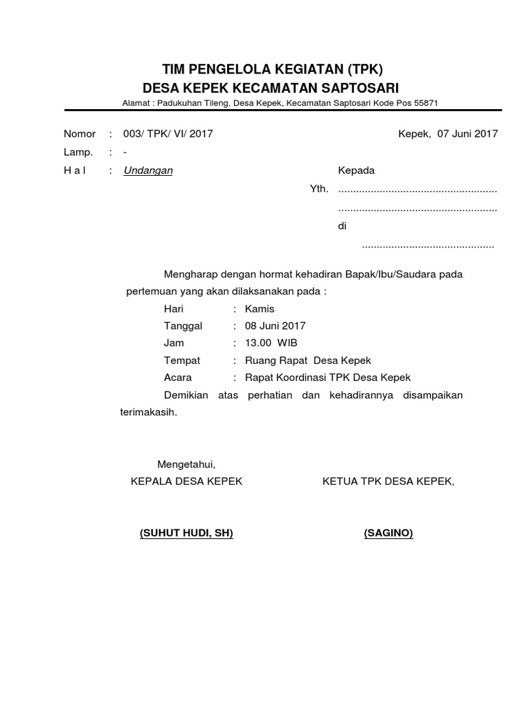 Undangan TPK Desa Kepek | PDF