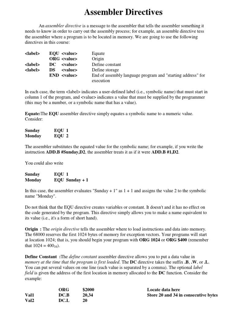 Assembler Directives Pdf Assembly Language Parameter Computer Programming 1858