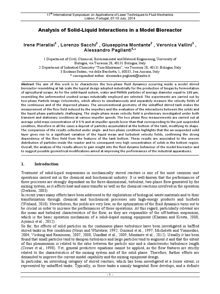 Analysis of Solid-Liquid Interactions in A Model Bioreactor | PDF | Fluid Dynamics | Chemical ...