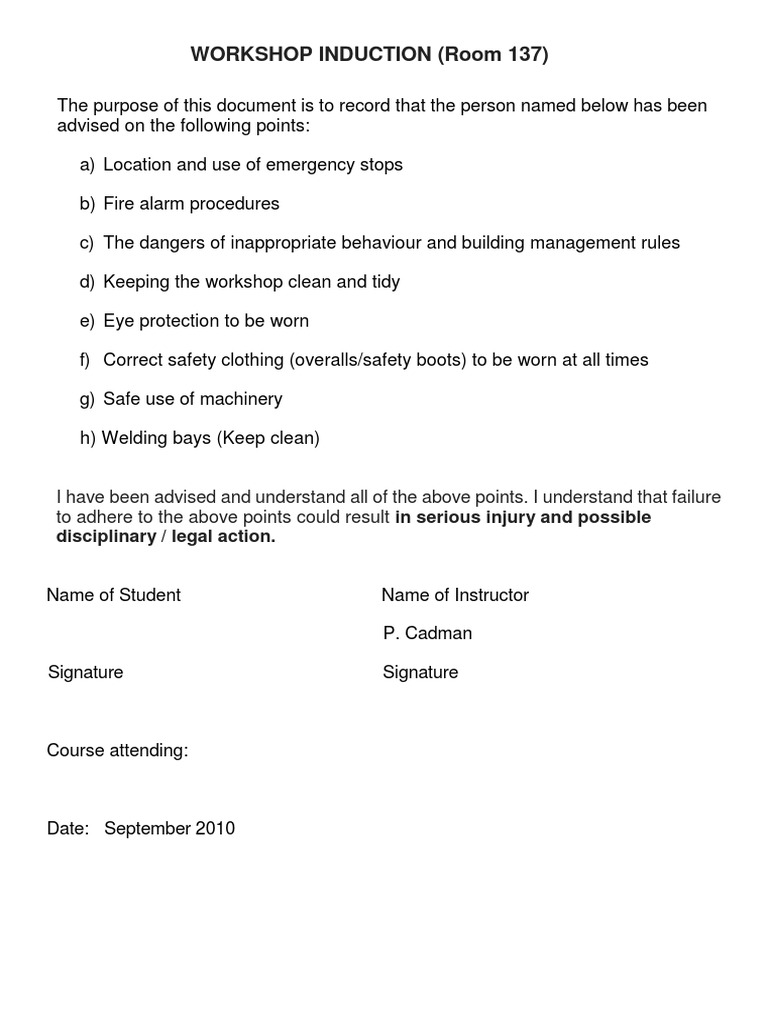 Essential Safety Procedures and Expectations for the Workshop Induction ...