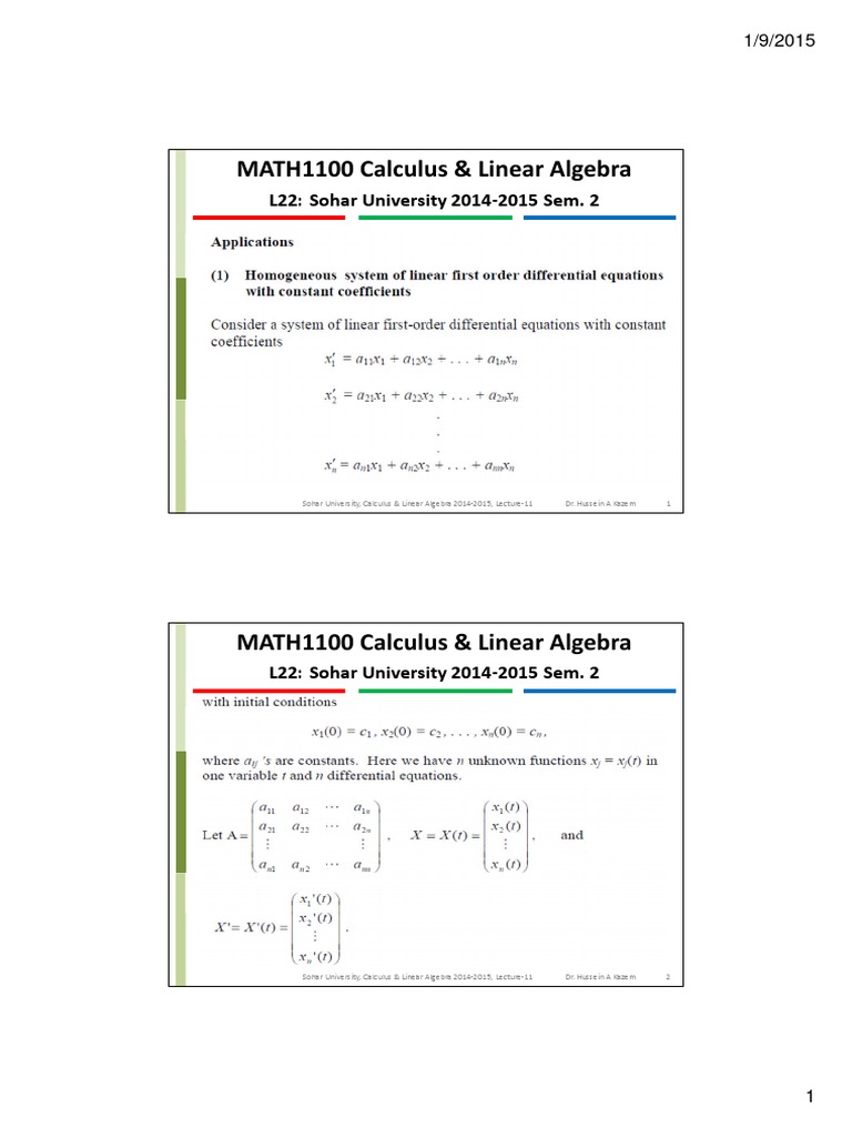 MATH1100 Calculus & Linear Algebra: L22: Sohar University 2014-2015 Sem. 2 | Download Free PDF ...