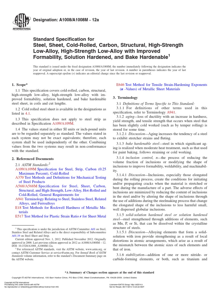 ASTM A1008.A1008M REV A 2012.pdf | Rolling (Metalworking) | Steel