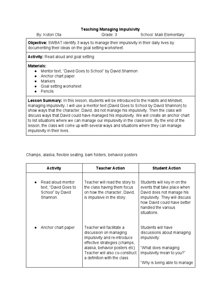 Teaching Managing Impulsivity Lesson Plan | Download Free PDF | Lesson ...