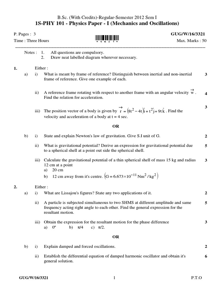 1S-PHY 101 - Physics Paper - I (Mechanics and Oscillations) : B.Sc ...