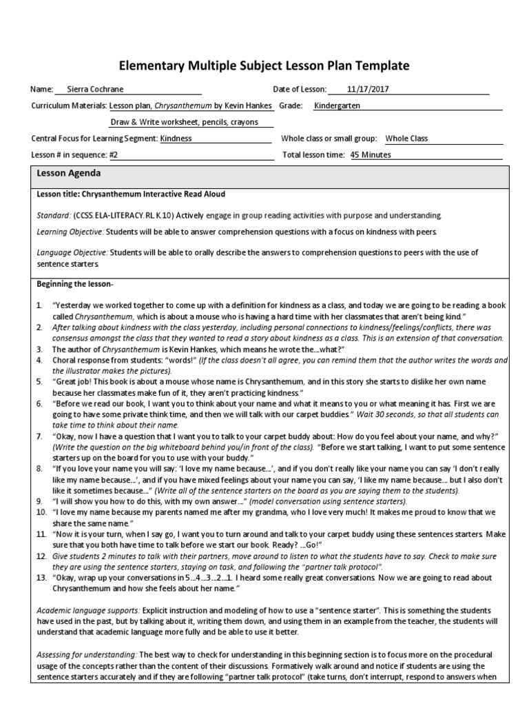 Elementary Multiple Subject Lesson Plan Template | Download Free PDF ...