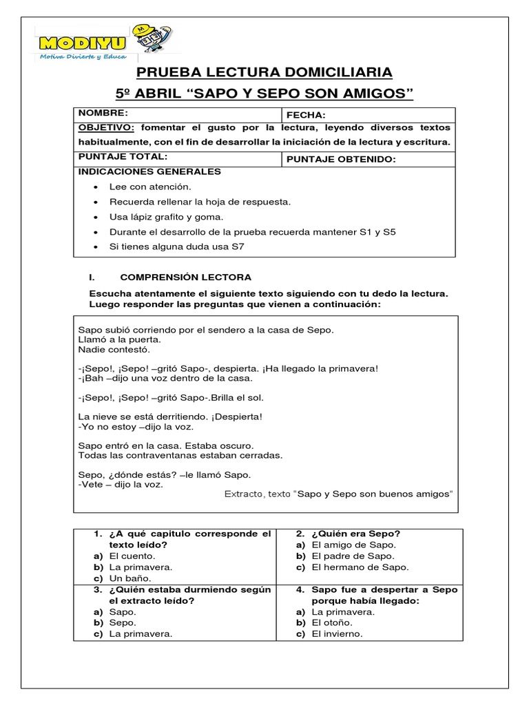 1 Prueba Sapo y Sepo Son Amigos | PDF | Lectura (proceso) | Ocio