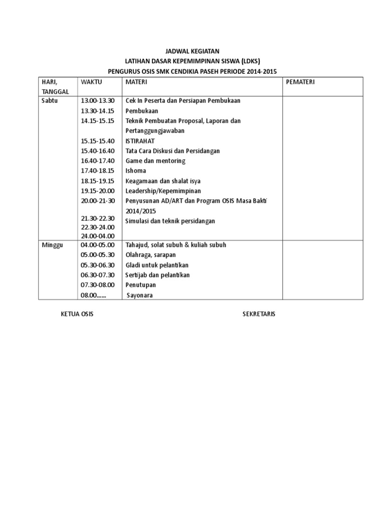 Jadwal Kegiatan LDKS | PDF