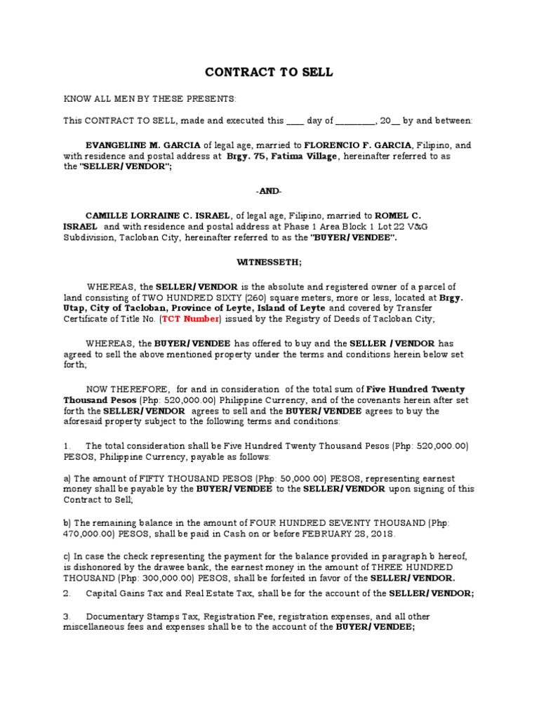 Contract To Sell: TCT Number | PDF | Title (Property) | Sales
