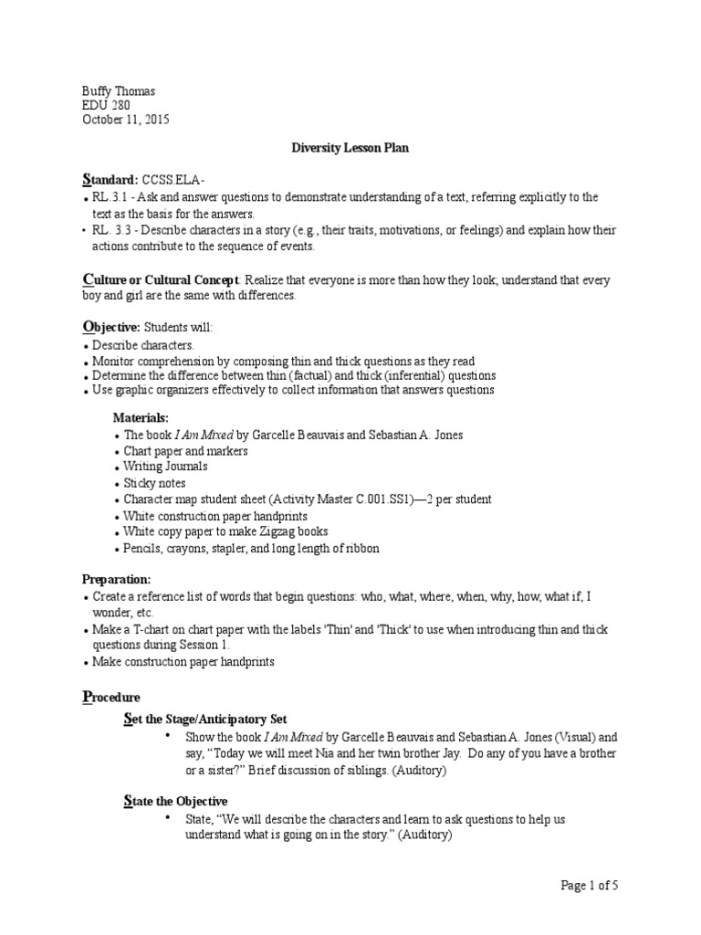 Diversity Lesson Plan-I Am Mixed | PDF | Question | Reading (Process)