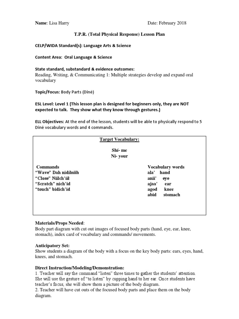 TPR Lesson | PDF | Vocabulary | Gesture