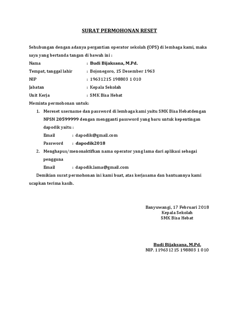 Surat Permohonan Reset Akun Dapodik | PDF