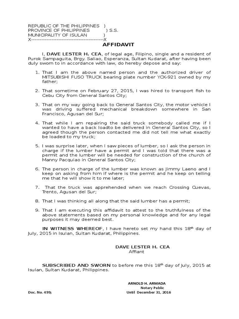 Affidavits Regarding the Apprehension of a Truck Transporting Wood in ...