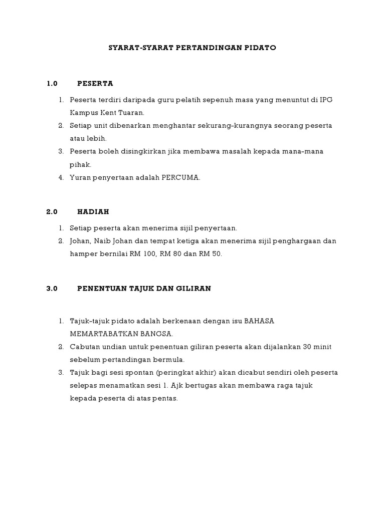 PERATURAN PIDATO BAHASA MELAYU IPG KENT TUARAN | PDF