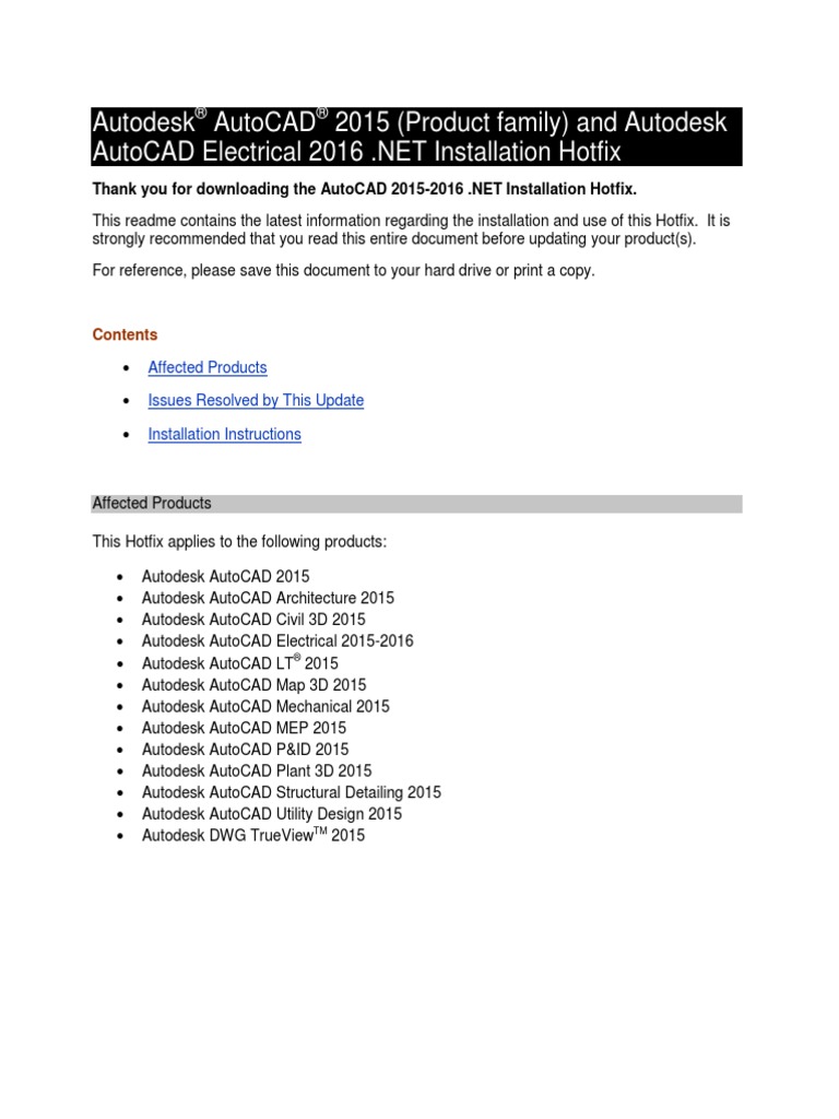 AutoCAD Family 2015 2016 .NET 4.6 Installation Hotfix Readme 2 PDF ...