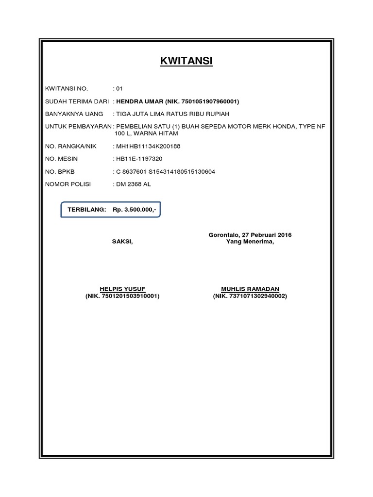 Kwitansi Motor Honda | PDF
