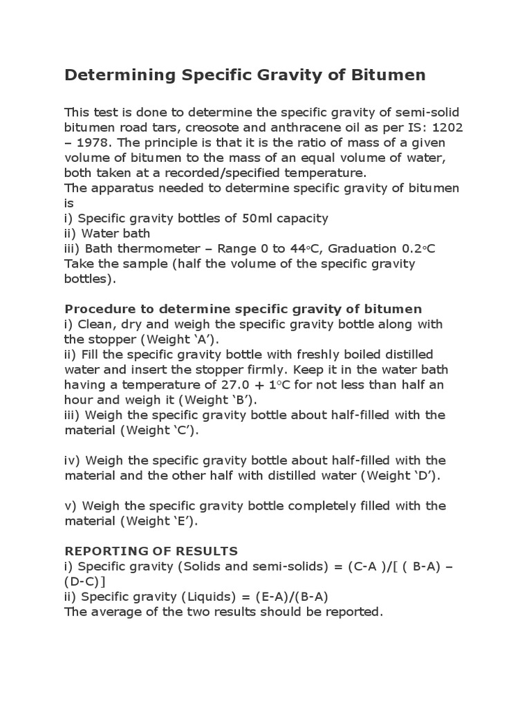 Specific Gravity of Bitumen | PDF