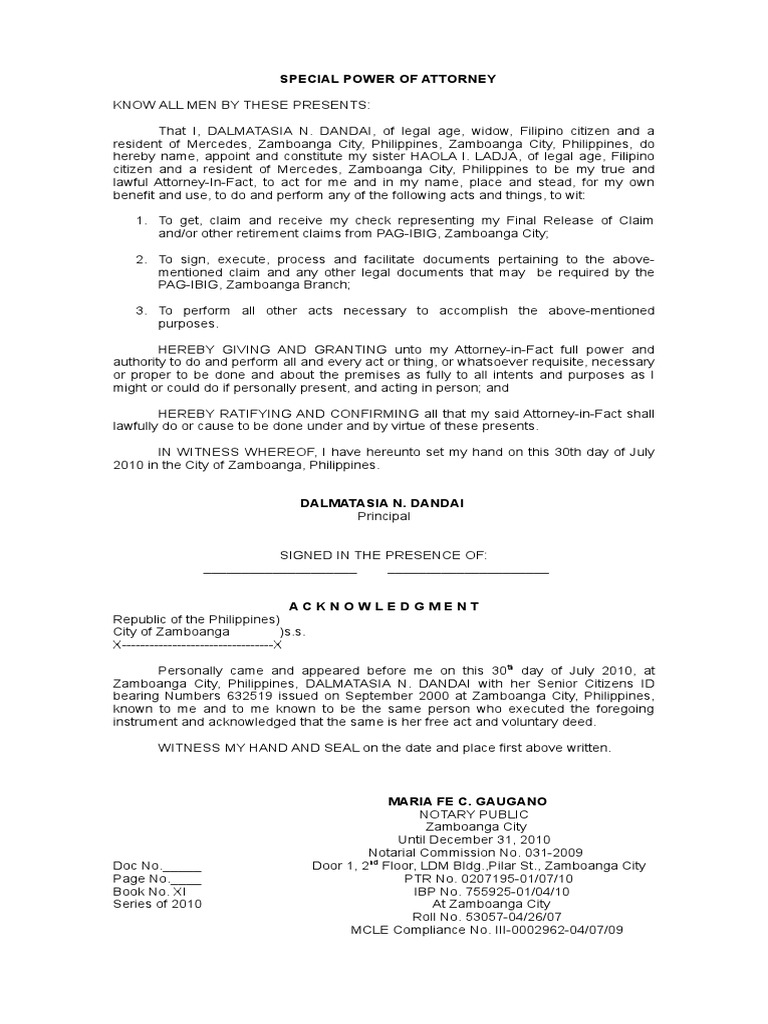 Rina SPA Claim Pag Ibig | PDF | Power Of Attorney | Public Law