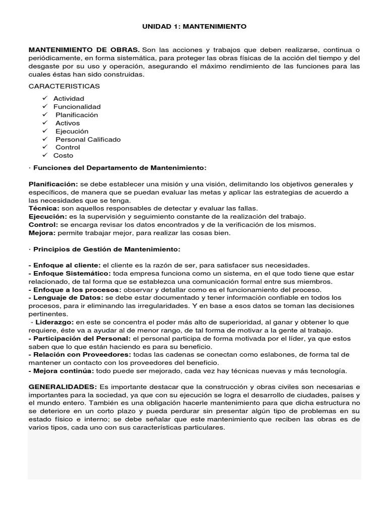 Unidad 1 Mantenimiento de Obras Civiles | PDF | Presupuesto | Planificación