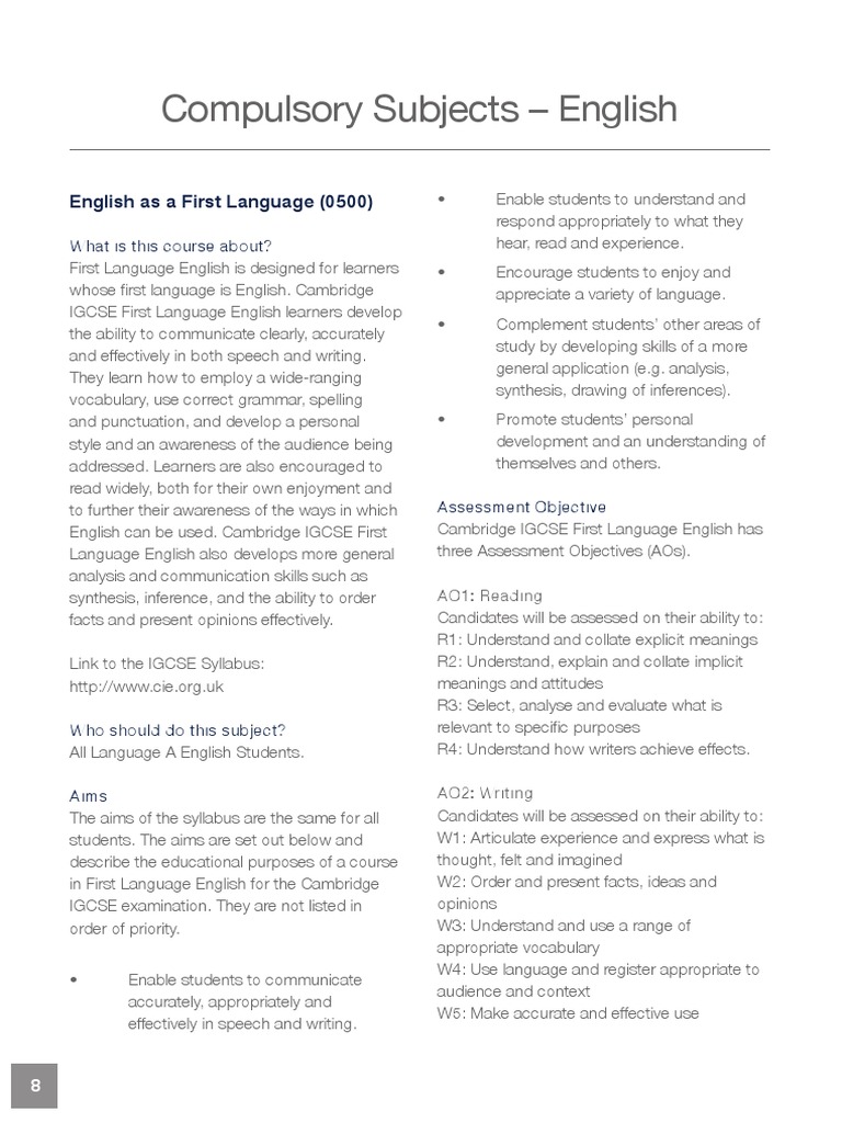 Compulsory Subjects - English: English As A First Language (0500) | PDF ...