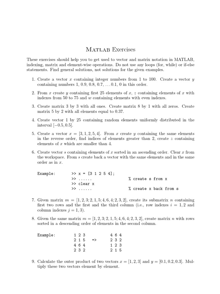 MATLAB Excercises | PDF | Matrix (Mathematics) | Array Data Structure