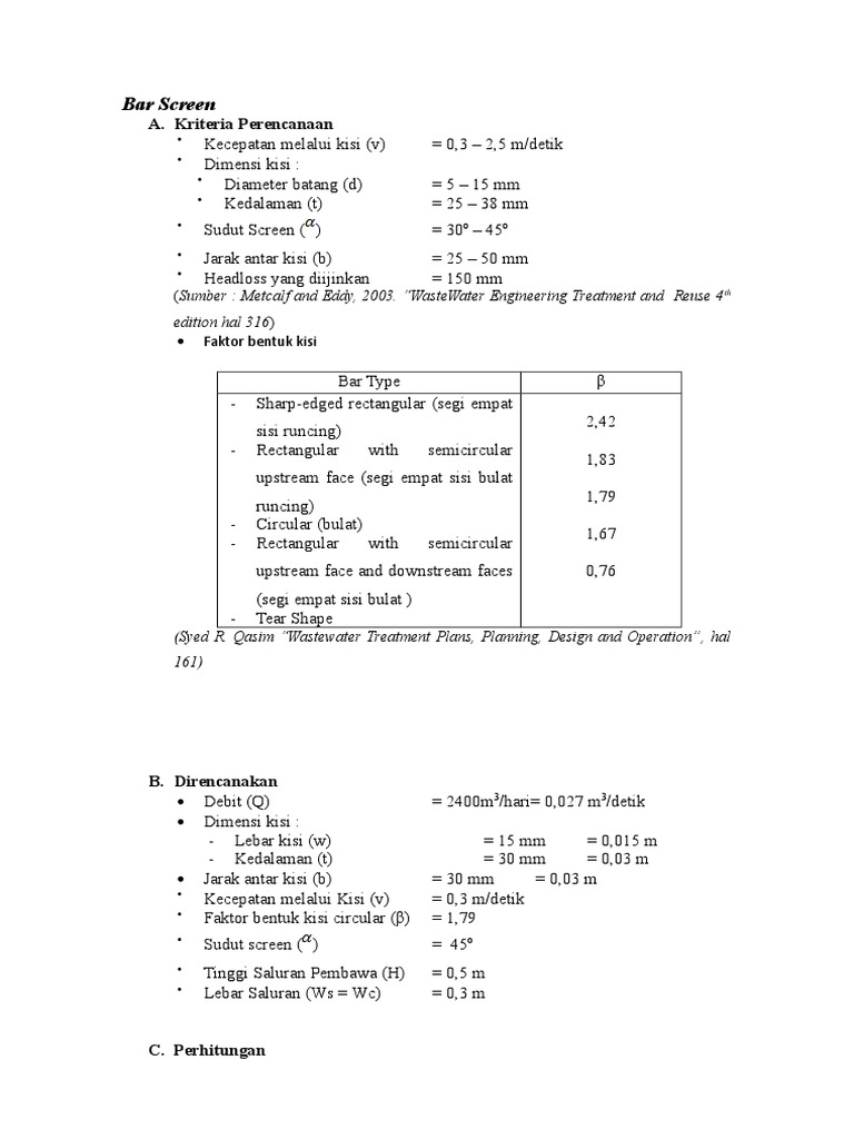Desain dan Perhitungan Bar Screen | PDF
