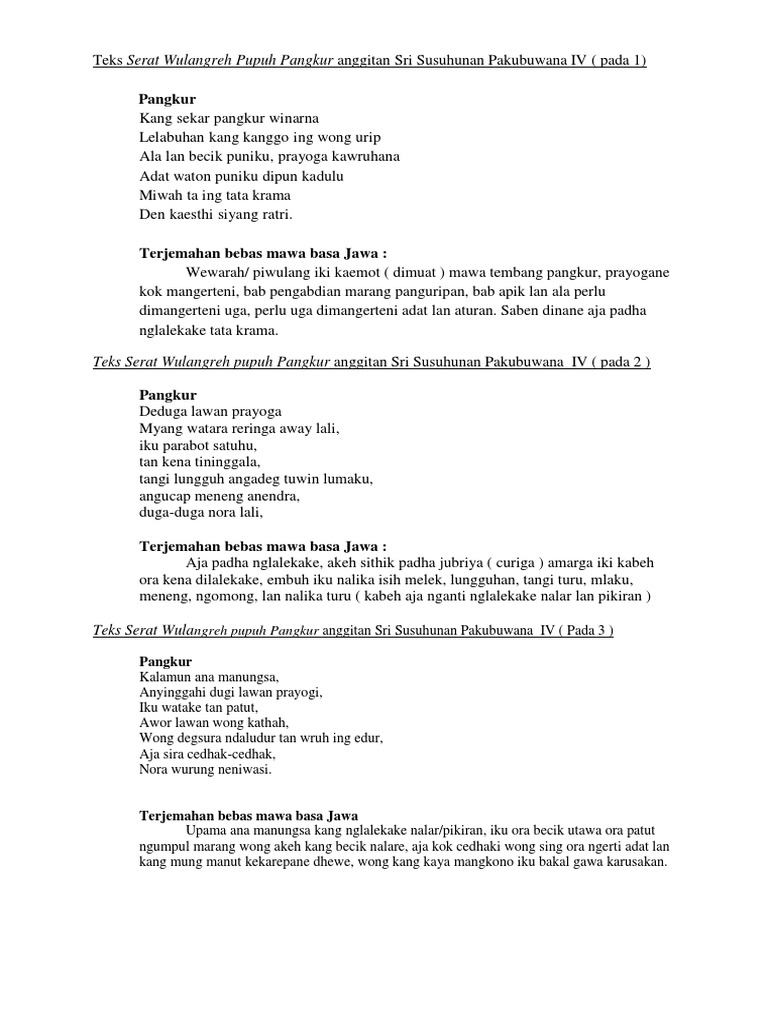 Teks Serat Wulangreh Pupuh Pangkur Anggitan Sri Susuhunan Pakubuwana IV | PDF