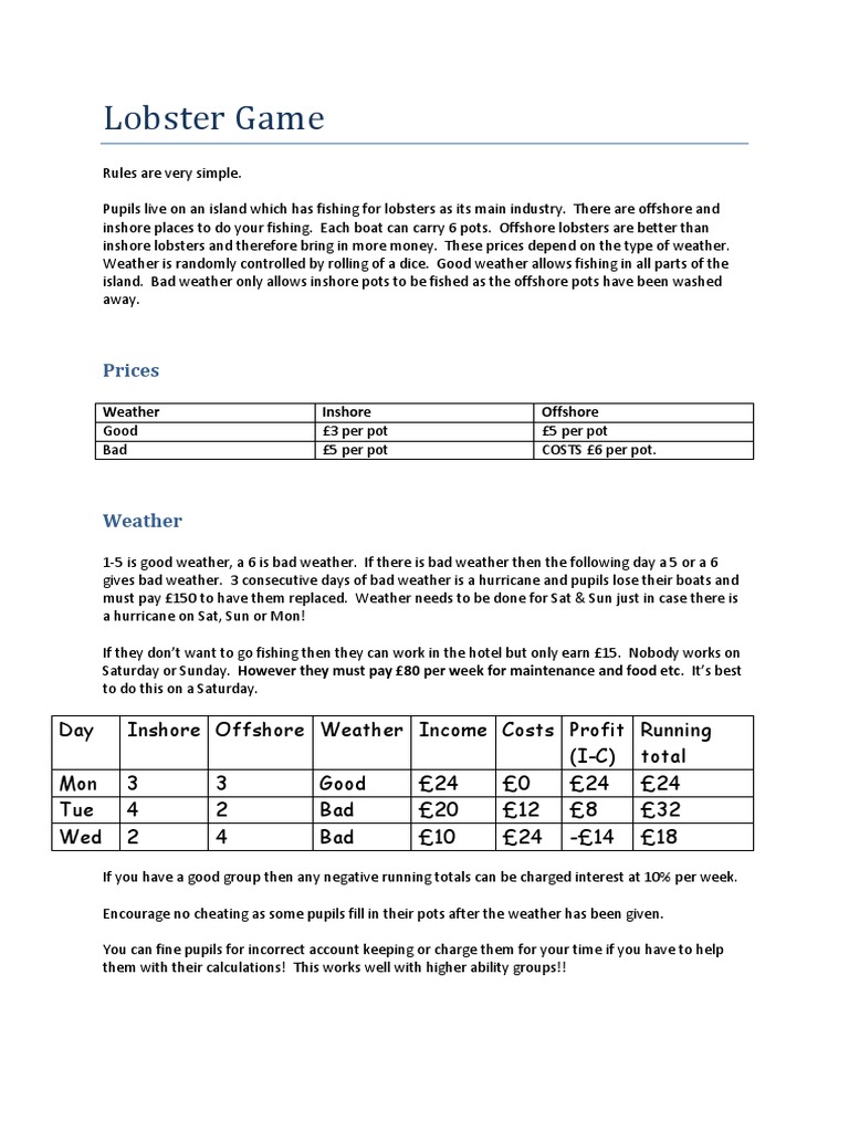 Lobster Game Rules | PDF | Economies | Business
