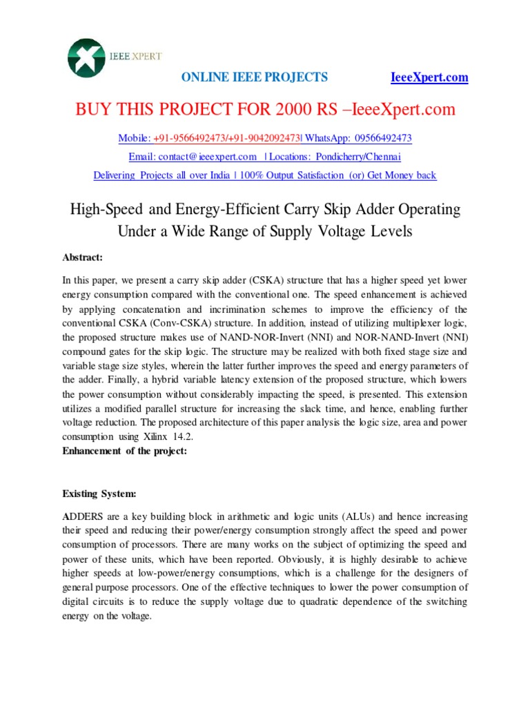 High-Speed and Energy-Efficient Carry Skip Adder Operating Under A Wide Range of Supply Voltage ...