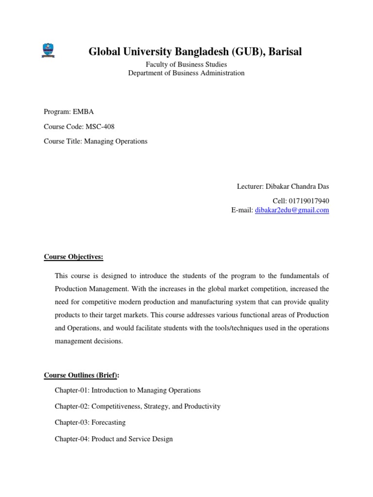 Course Outline Managing Operations | PDF | Master Of Business ...