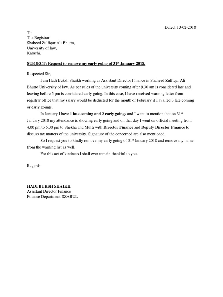 SUBJECT: Request To Remove My Early Going of 31 January 2018 | PDF ...