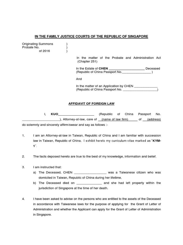 Affidavit of Foreign Law- Sample | Inheritance | Probate