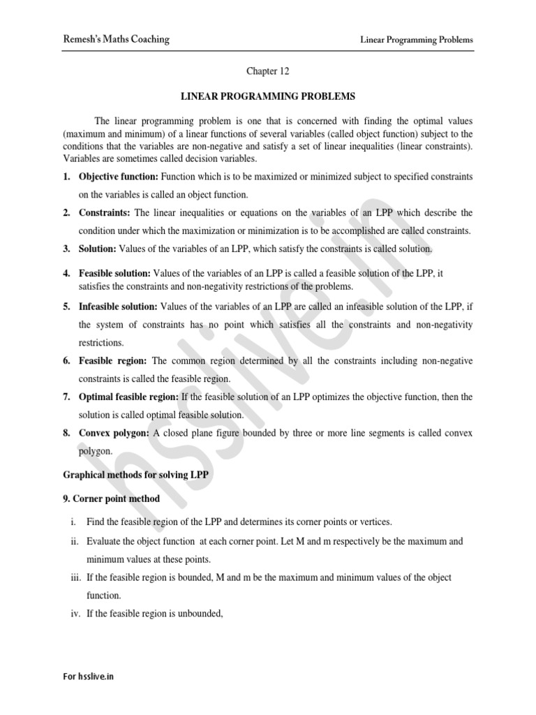 Xii Ch12 Linear Programming Remesh Hsslive Pdf Mathematical Optimization Linear Programming
