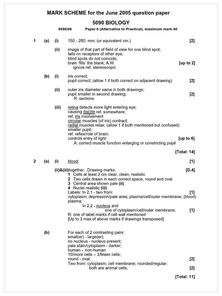 MARK SCHEME For The June 2005 Question Paper 5090 BIOLOGY | PDF | Eye ...