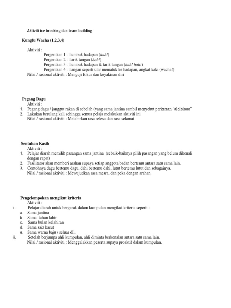 Aktiviti Ice Breaking Dan Team Building Pdf