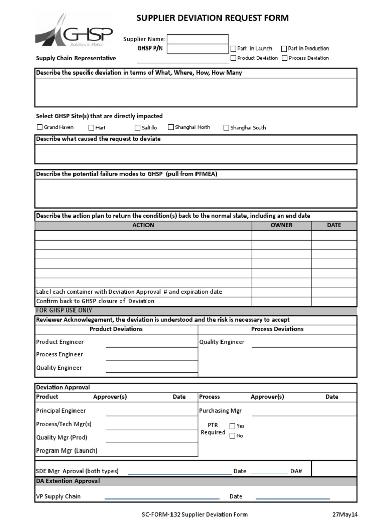 SC FORM 132 Supplier Deviation Form | Business | Production And ...
