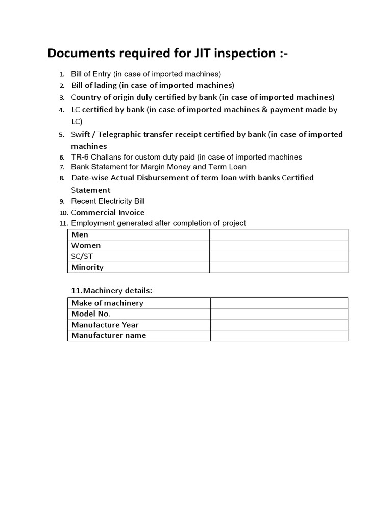 JIT Inspection Document Requirements | PDF | Invoice | Services (Economics)