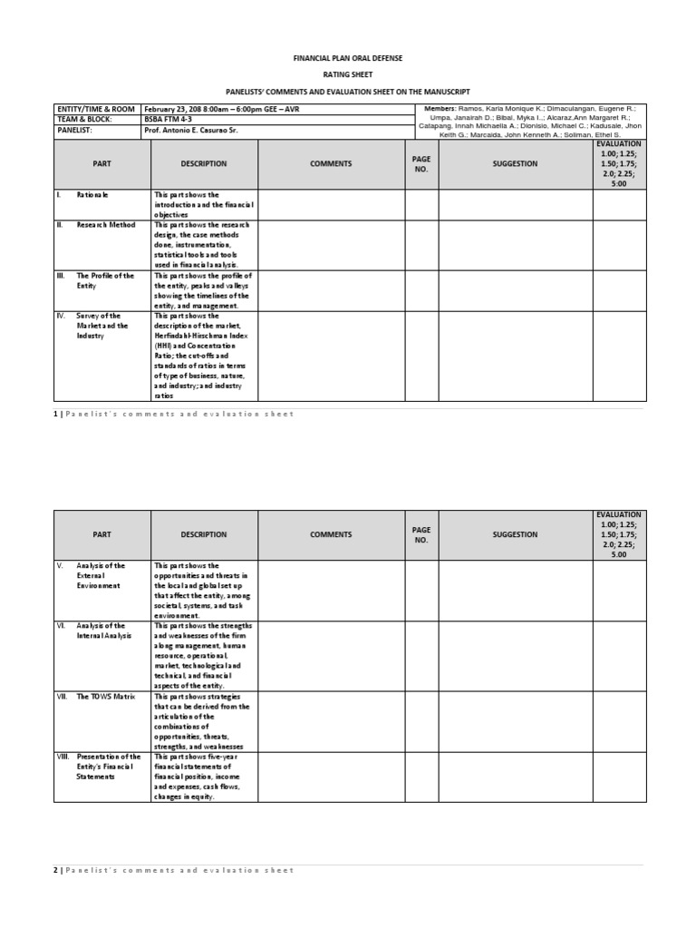 PANELISTS Comment Sheet | PDF | Business | Finance (General)