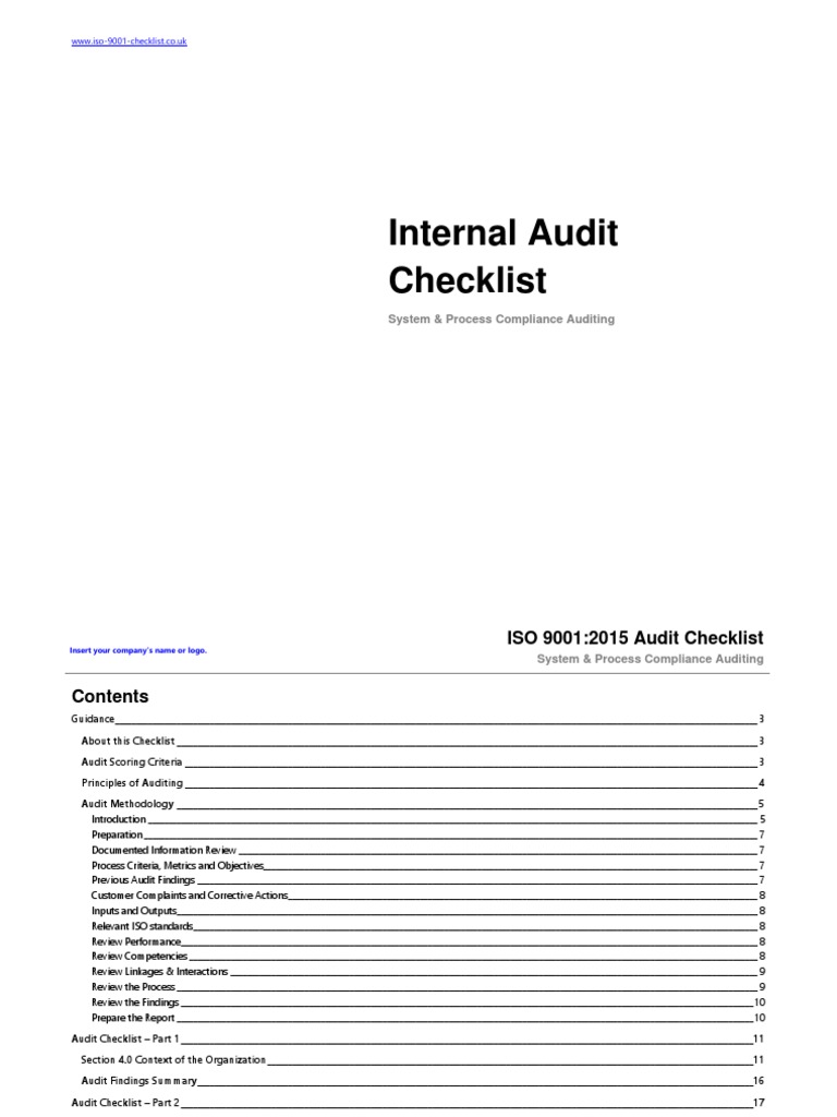 ISO 9001 2015 Internal Audit Checklist Sample | Internal Audit | Audit