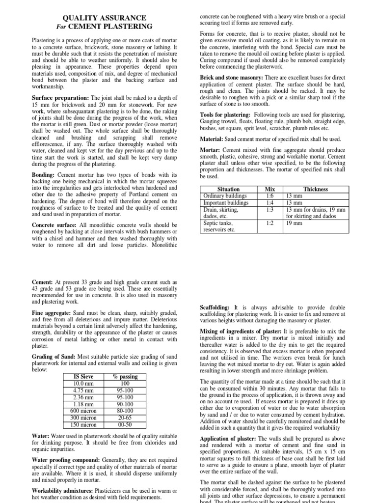 Pamphlet On Quality Assurance For Cement Plastering | PDF | Mortar ...